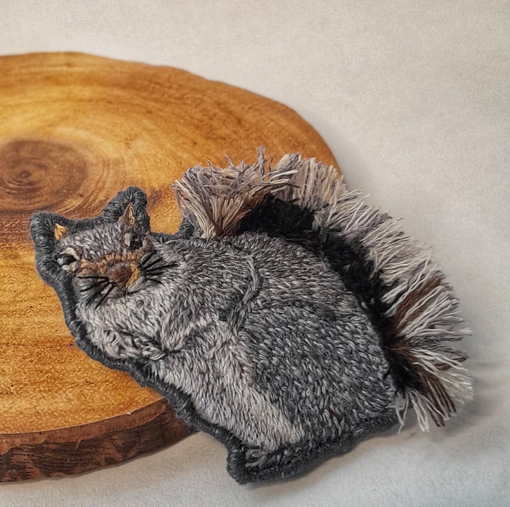 Hand Embroidered English Grey Squirrel Brooch - Folksy