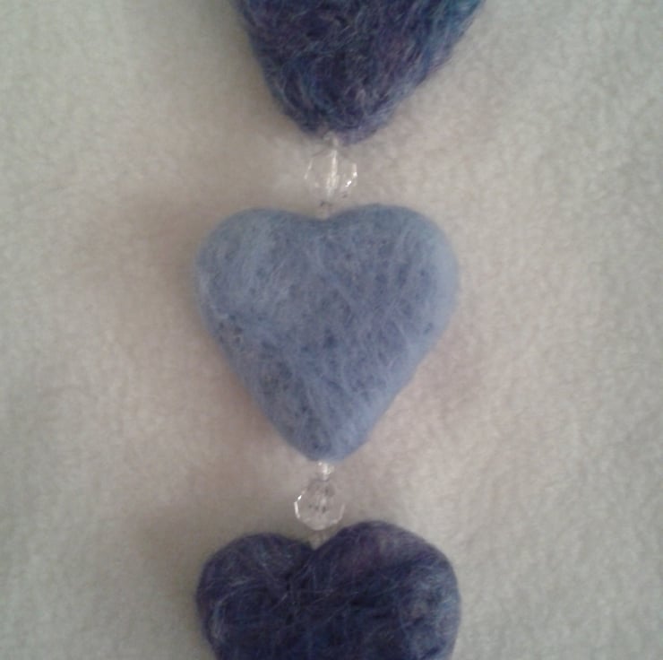 Needle felted hanging hearts (blue) - Folksy