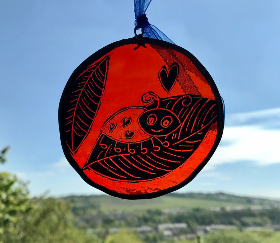 Ladybird stained glass suncatcher, circle, ladybug - Folksy