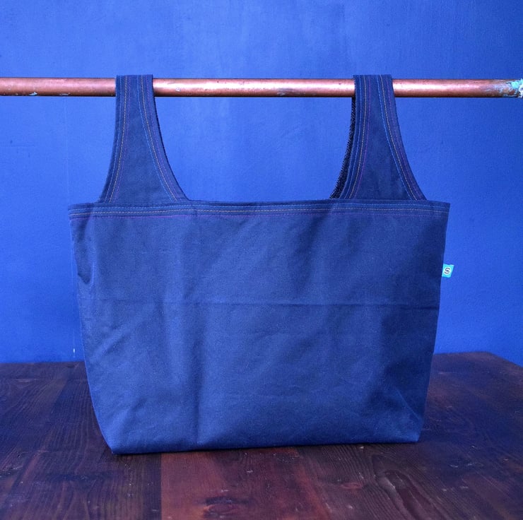 shopping bag – navy waxed cotton and grey wool - Folksy