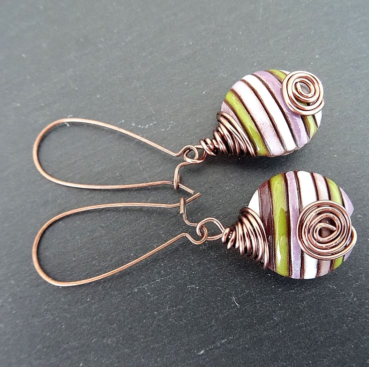 Wire wrapped Ceramic Lentil bead earrings - Folksy