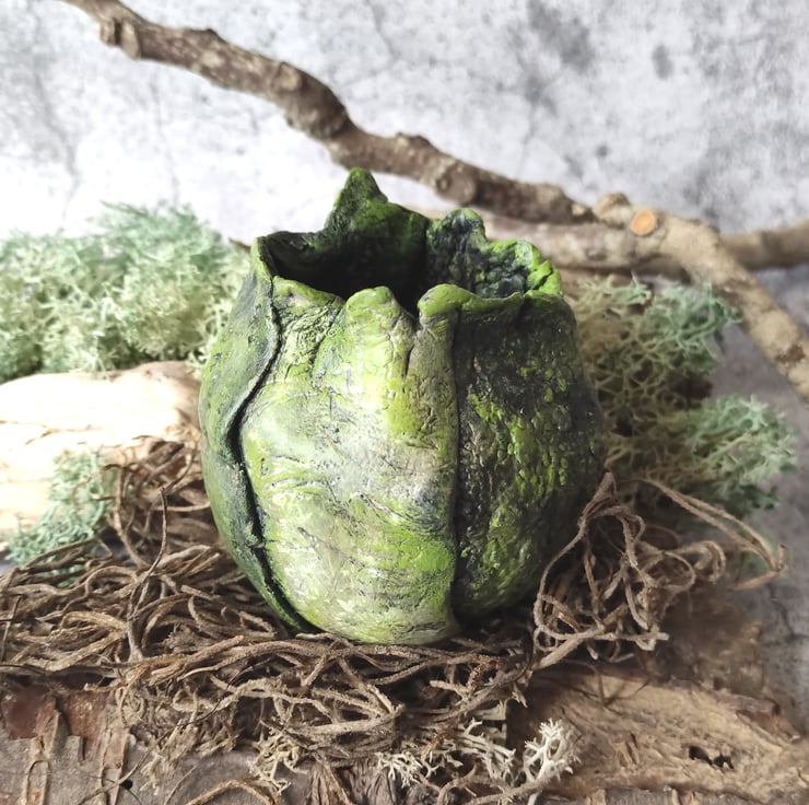 Seed Pod Sculpture, Mossy Stone Clay Vessel, Ha... - Folksy