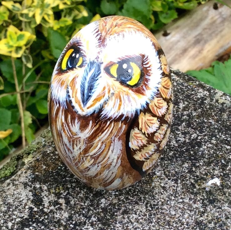 Owl hand painted pebble - Folksy