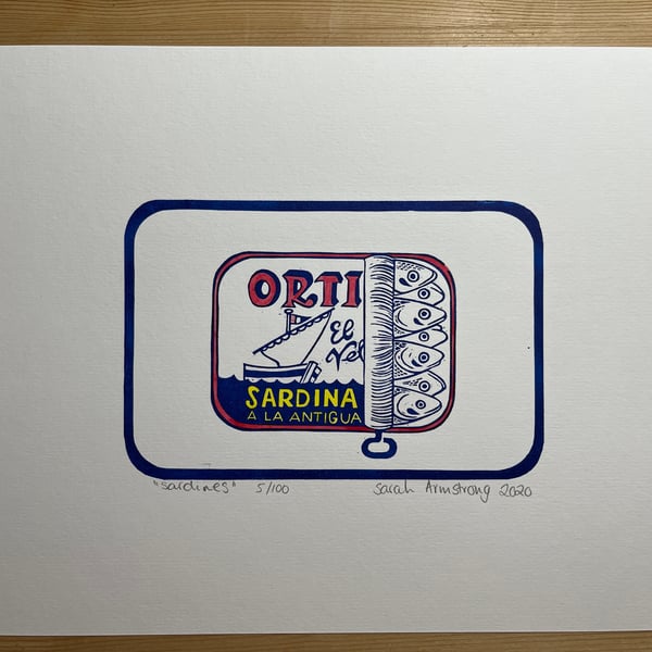 Limited Edition Tin of Sardines Lino Print - Folksy