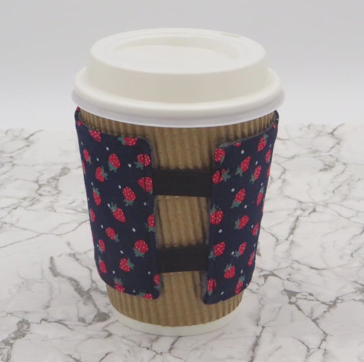 Fabric Cup Cosy in strawberry print, fully reve... - Folksy