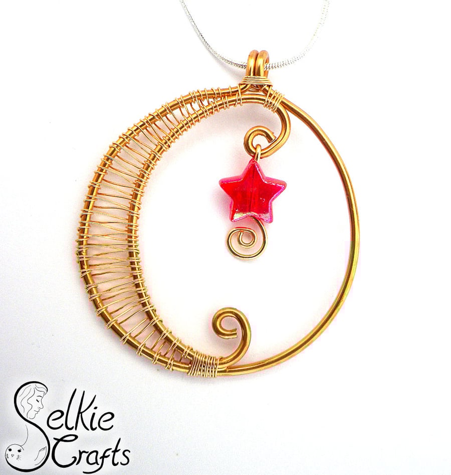 Moon and red star wire wrapped necklace - Folksy