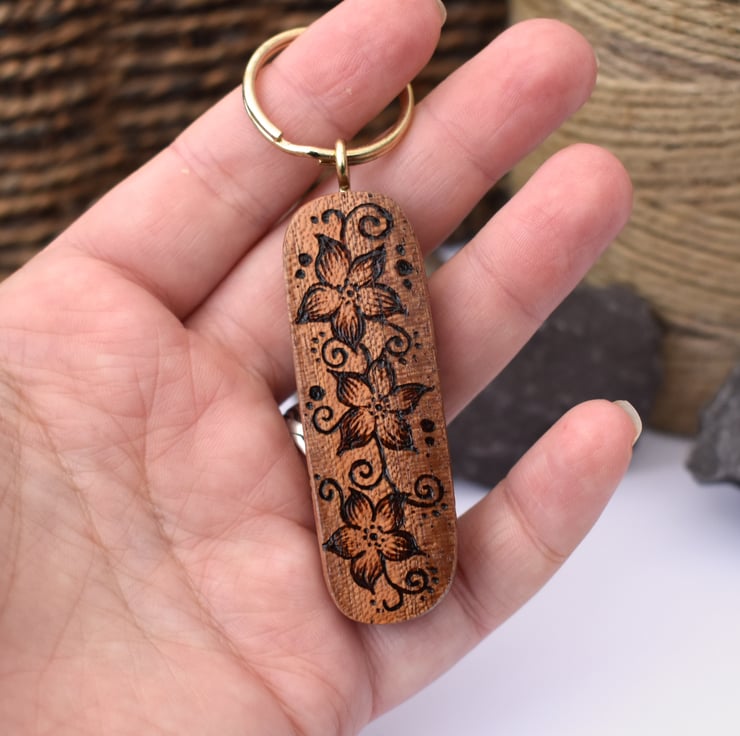 Floral pyrography keyring on mahogany. Ideal wo... - Folksy
