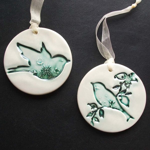 Set of two large ceramic bird hanging decoratio... - Folksy