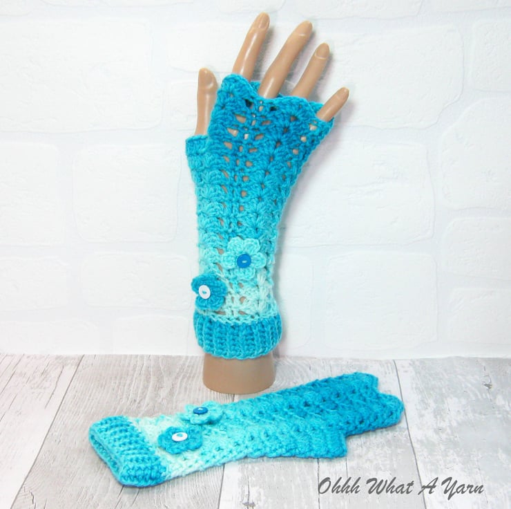 Turquoise ombre ladies lacy crochet gloves, fin... - Folksy