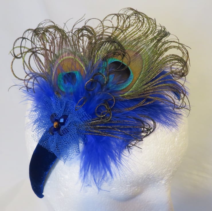Royal Blue Peacock Feather Velvet Headband - Folksy