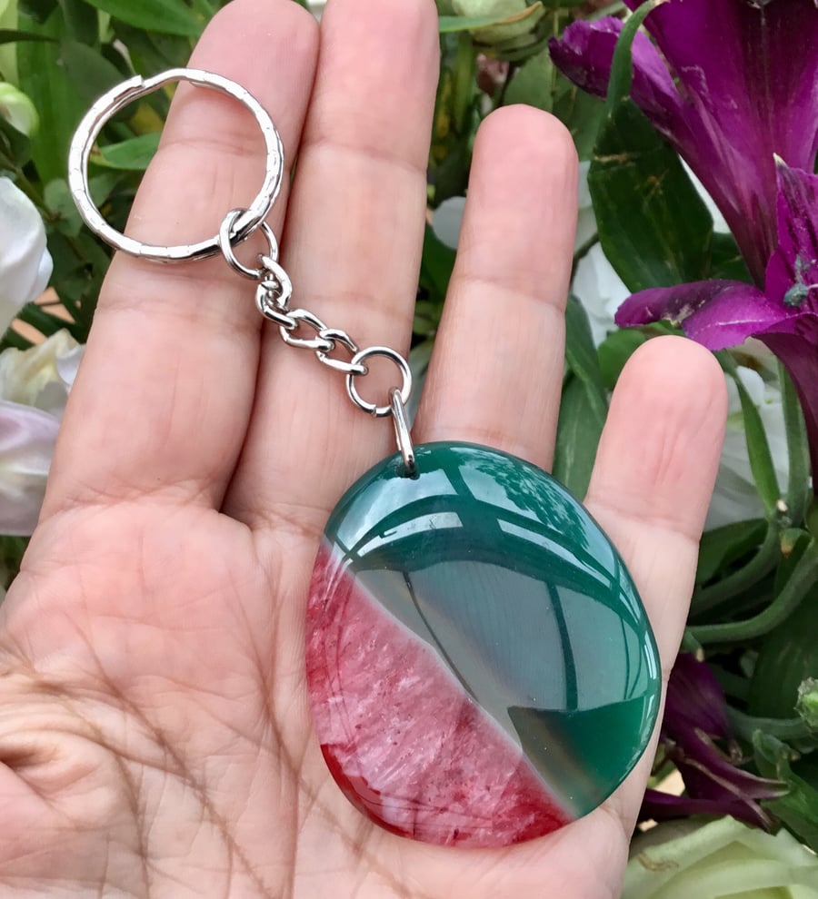 Watermelon Agate Oval Gemstone Keyring or Handb... - Folksy
