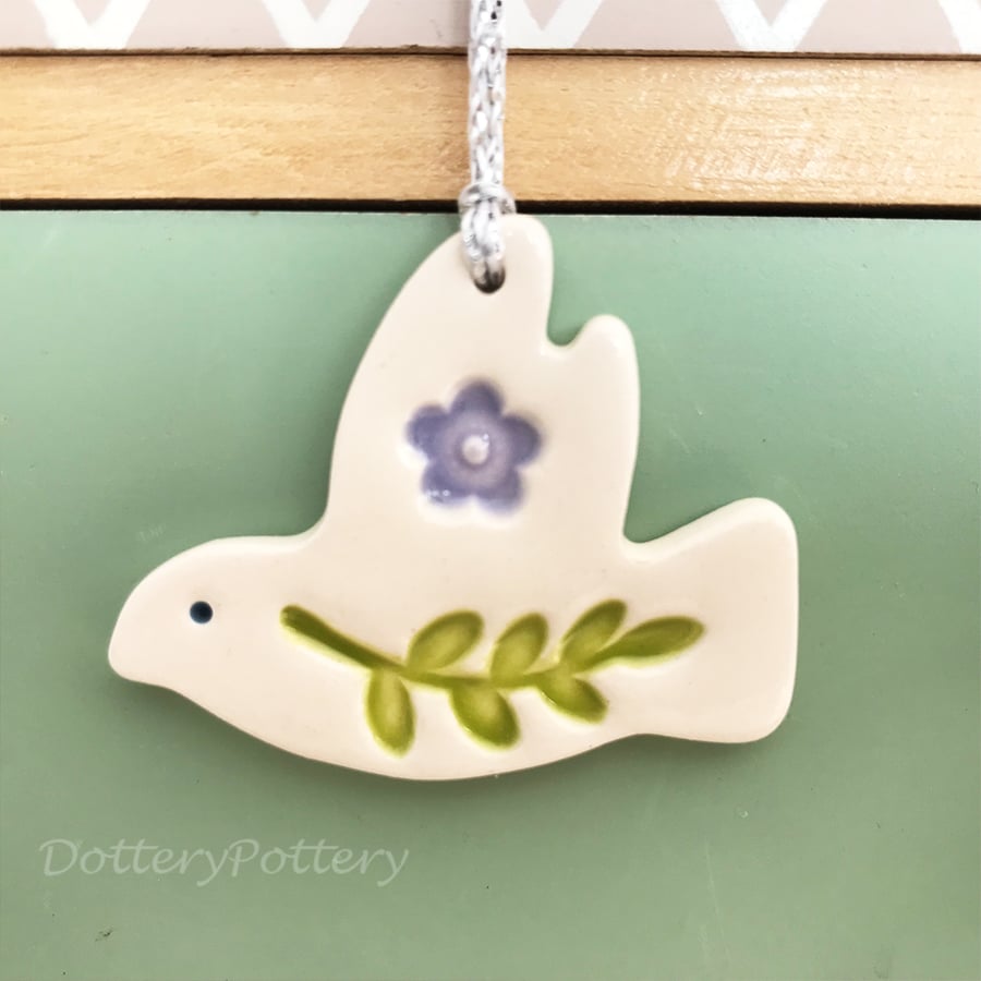 Teeny ceramic dove decoration with leaves and l... - Folksy