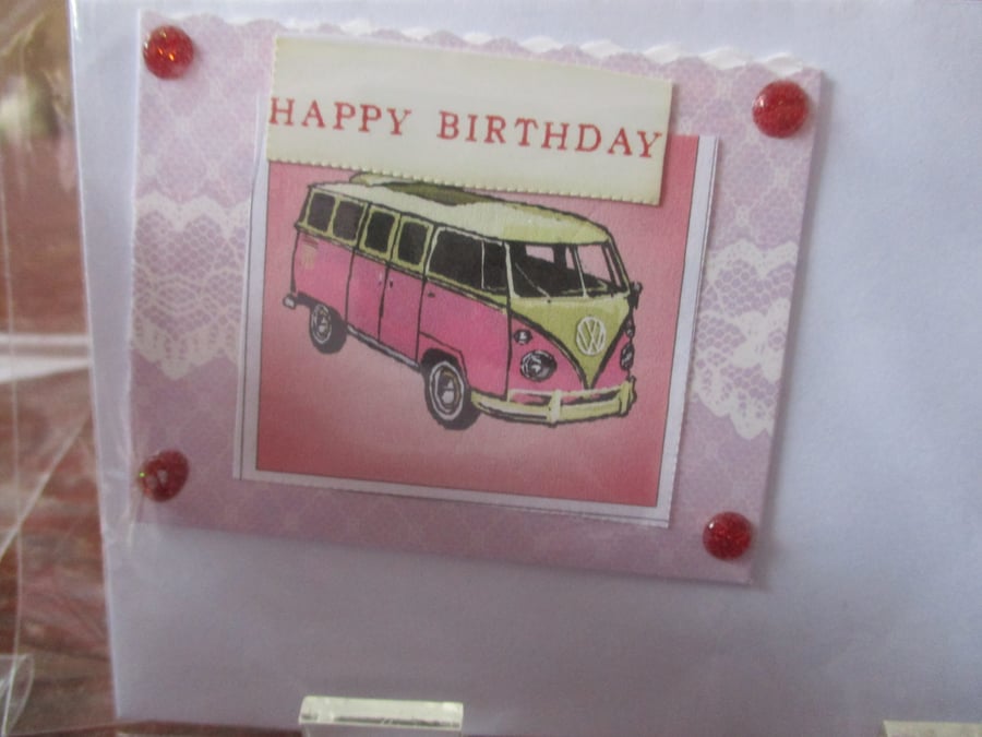 Happy Birthday Pink VW Van Card - Folksy