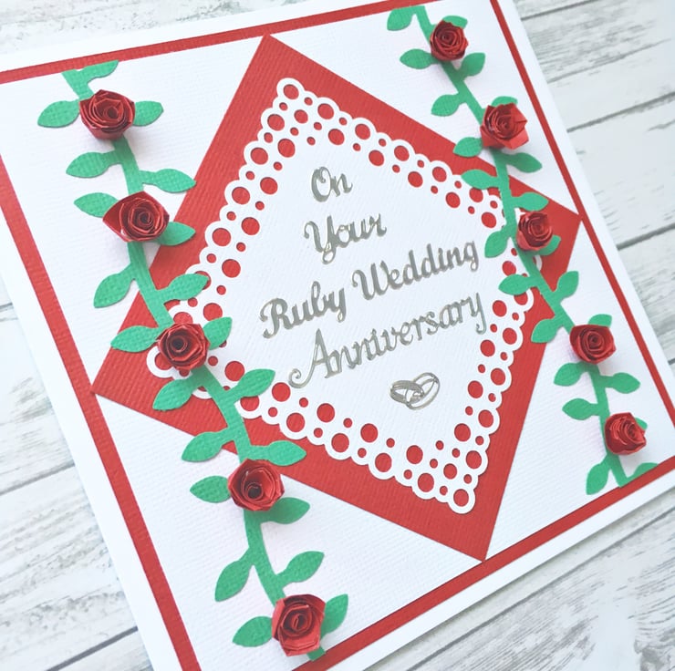 Ruby anniversary card - quilled roses - boxed o... - Folksy