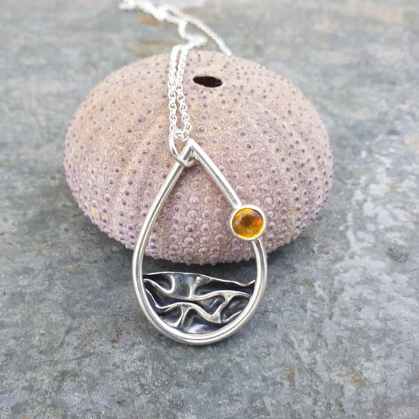 Silver and amber sun rising over sea pendant - Folksy