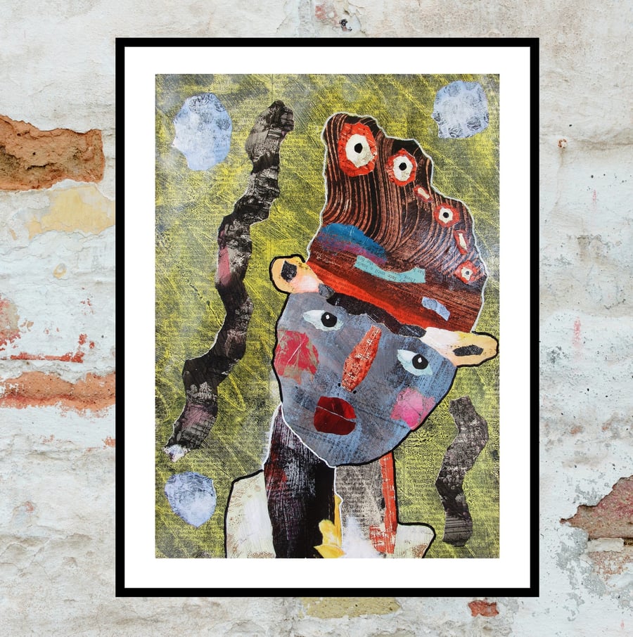 Mixed Media Portrait Painting Quirky Face Analo... - Folksy