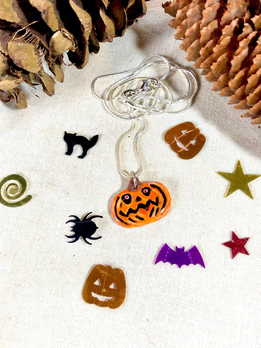 Ceramic Pumpkin pendant on silver chain, Hallow... - Folksy