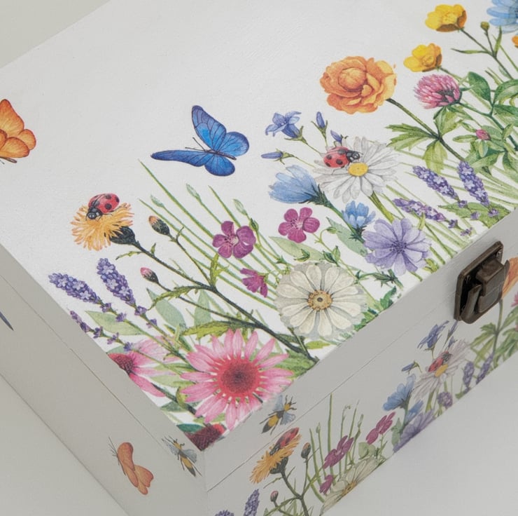 Wooden memory box with meadow flowers and butte... - Folksy