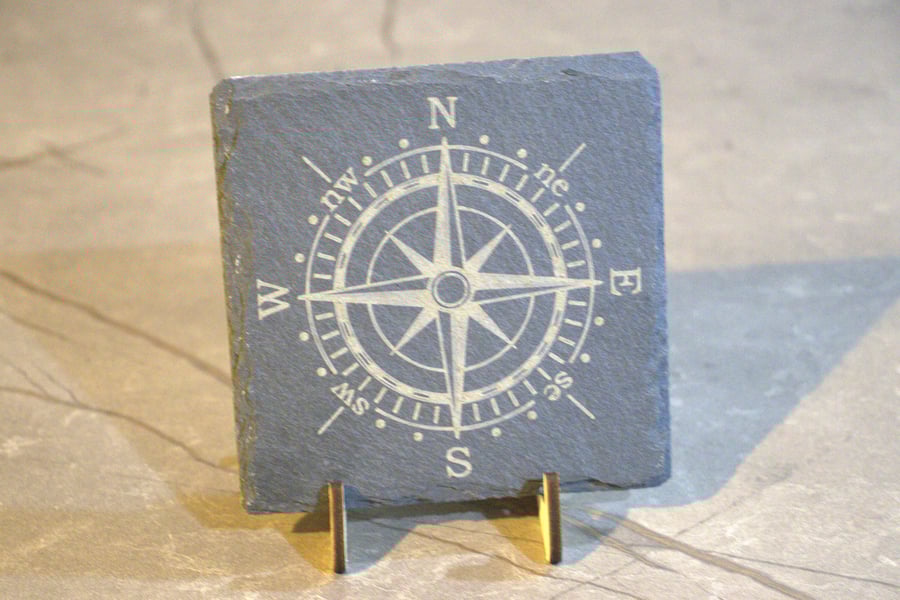 Compass Rose Laser engraved Slate Coaster - Folksy