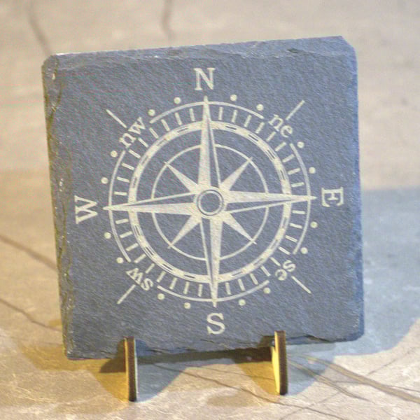 Compass Rose Laser engraved Slate Coaster - Folksy