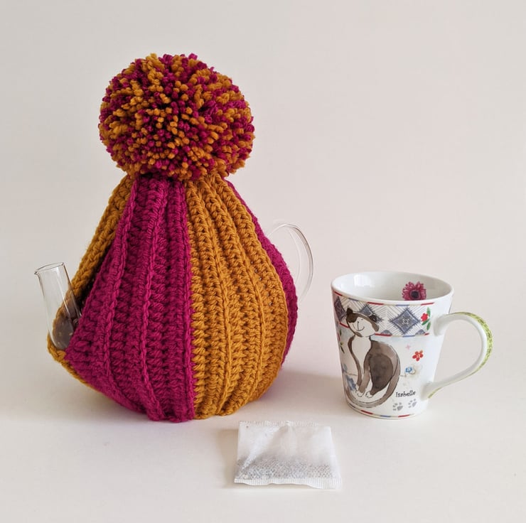 Teapot Tea Cosy - With pompom in Pink & Mus... - Folksy