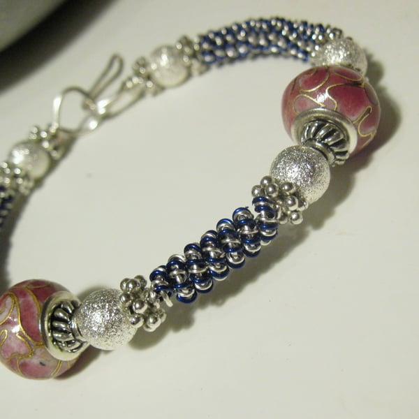 Tea Rose blue and silver bangle - Folksy