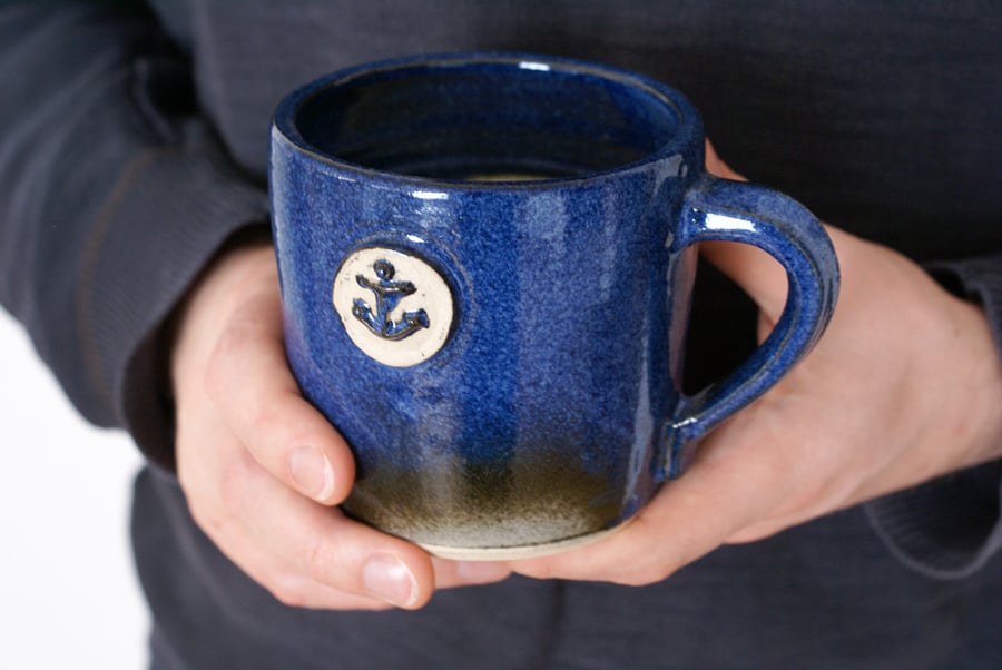 One anchor's away stoneware mug - left handed m... - Folksy