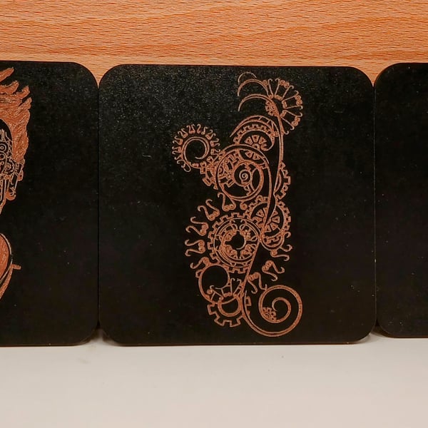 6 Steampunk coasters, Black Veneer, Bumper Feet - Folksy