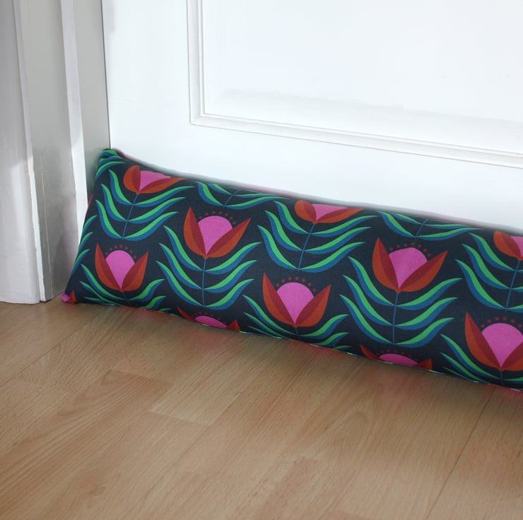 Draught Excluder 70s Bloom Fabric - Navy Blue - Folksy