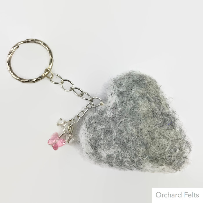 Grey needle felted heart and beaded key fob, ke... - Folksy