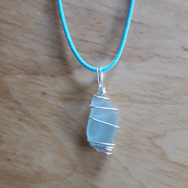 Ice Blue Grey Sea Glass Necklace, Silver Wire W... - Folksy