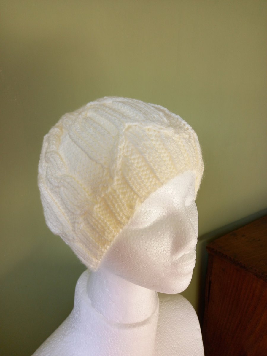 Winter White Beanie Hat Hand Knitted in Acrylic... - Folksy