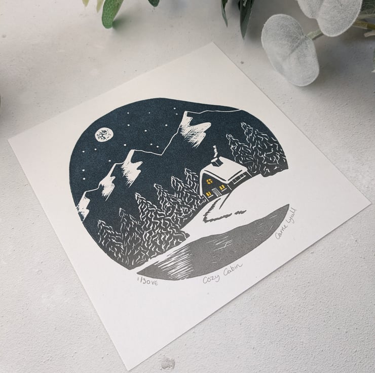 Cozy Cabin Limited Edition Linocut Print - Folksy
