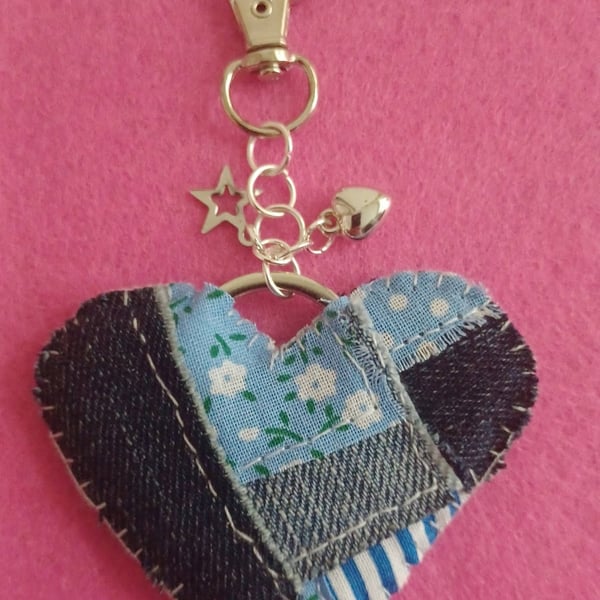 Handmade Fabric Patchwork Heart Keyring Bag Cha... - Folksy