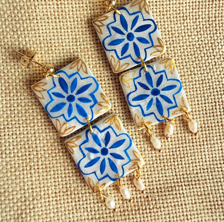 SOFIA - Portuguese Tile Rice Pearl Dangle State... - Folksy
