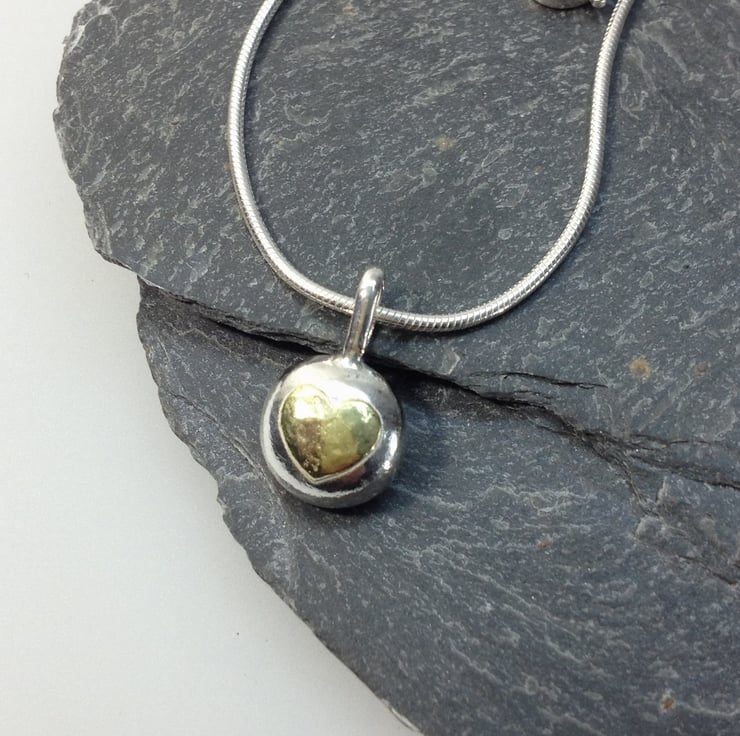 Silver and gold heart pebble pendant and chain - Folksy