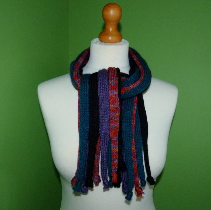 Multicoloured Knit Short Scarf with Knotted Ends - Folksy