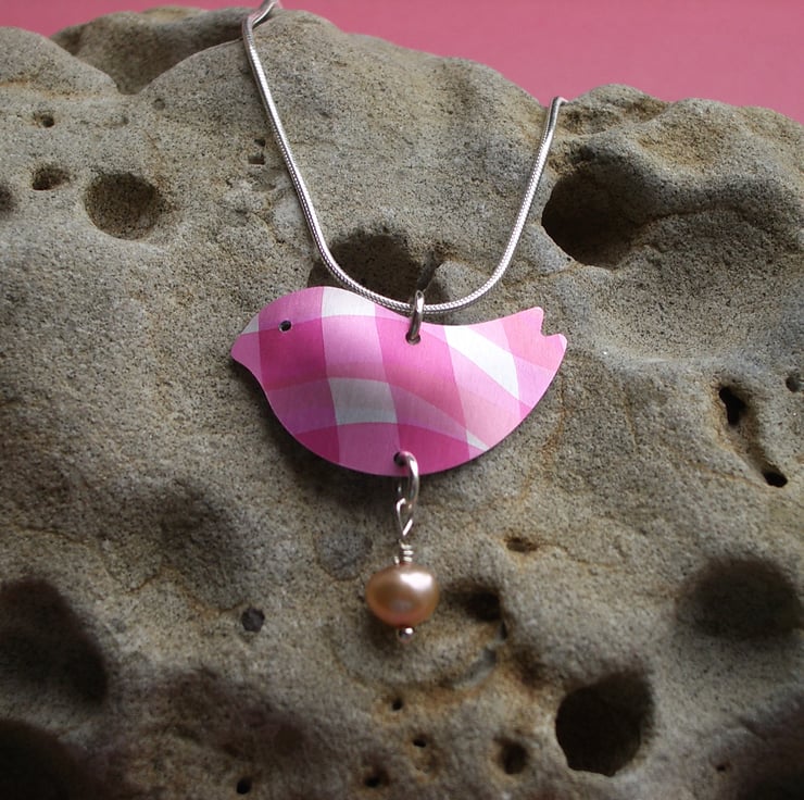 Bird necklace pendant in peachy pink checks wit... - Folksy