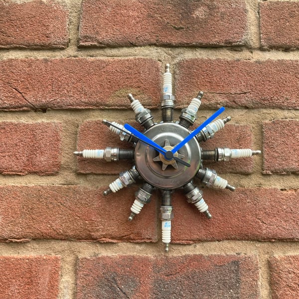 Sunburst Wall Clock, Upcycled Spark Plugs - Folksy