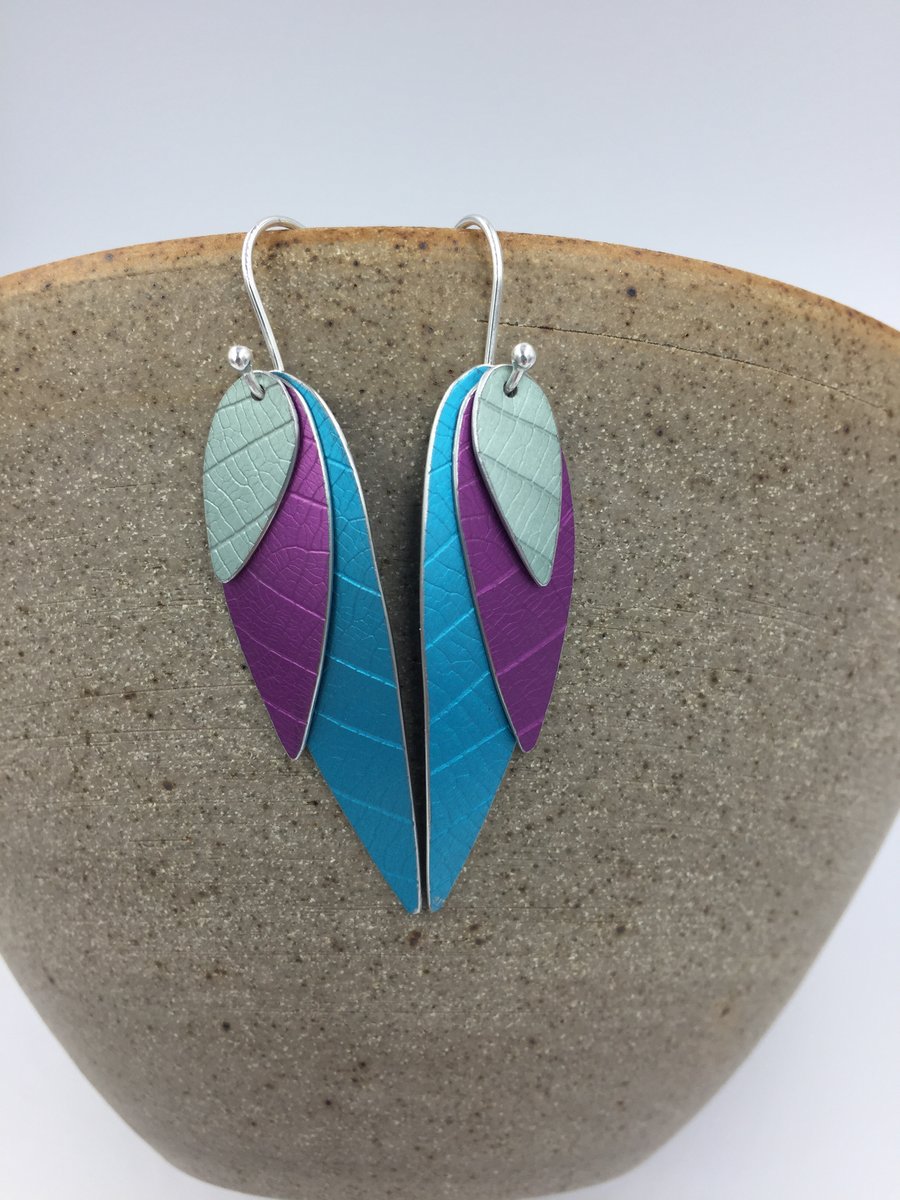 Anodised aluminium 3 layer parrot wing earrings... - Folksy