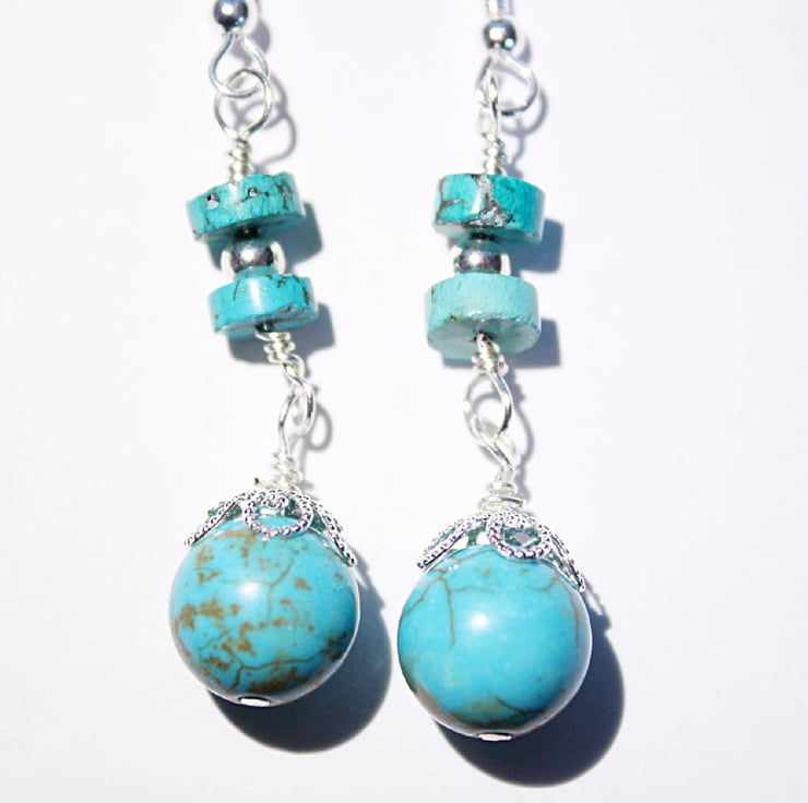 Turquoise and silver fantasy dangle earrings - Folksy