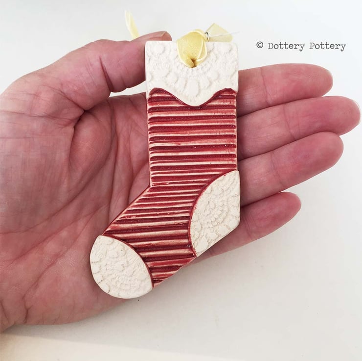 Red ceramic stocking decoration pottery Christm... - Folksy
