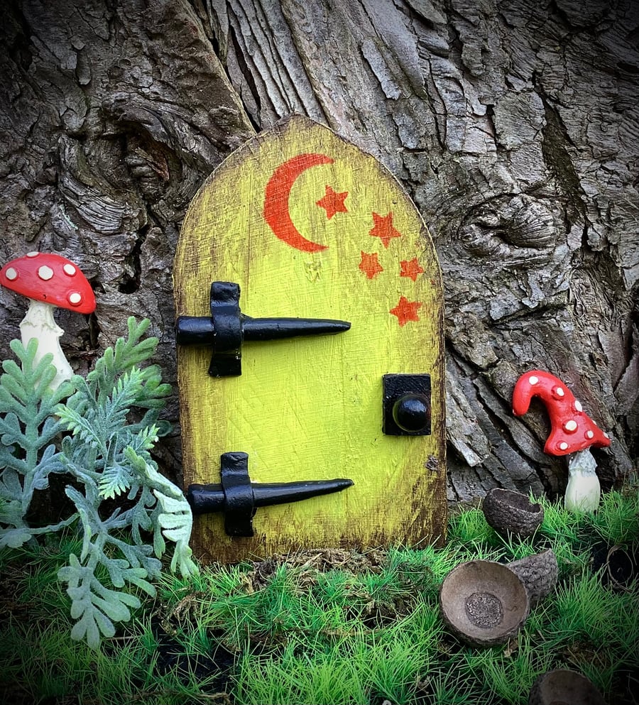 Yellow fairy door, wooden pixie door for your f... - Folksy