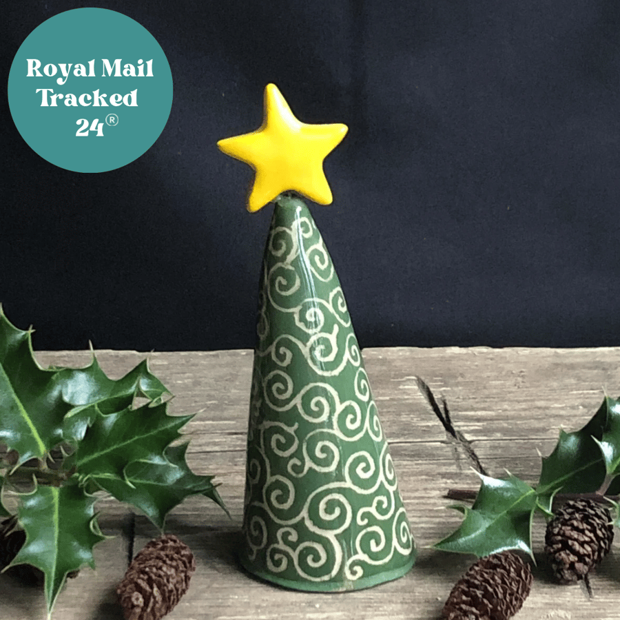 Little sgraffito swirl tree with star - Folksy
