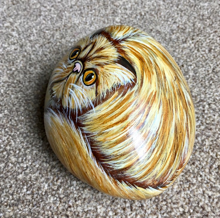 Cat hand painted pebble garden rock art pet Por... - Folksy