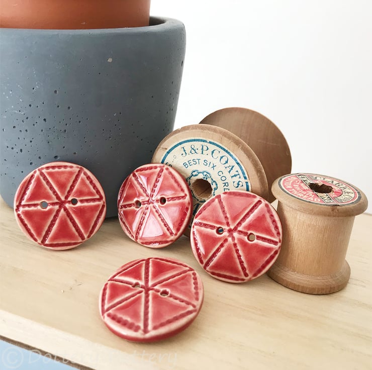 Set of four bright red ceramic handmade buttons - Folksy