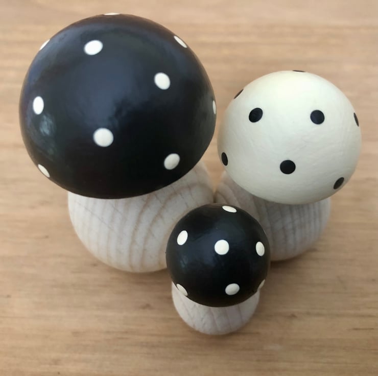 Hand Painted Wooden Toadstools - Monochrome - Folksy