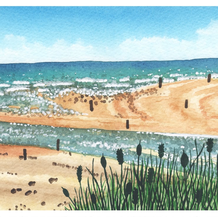 A4 beadnell beach seascape watercolour art print - Folksy