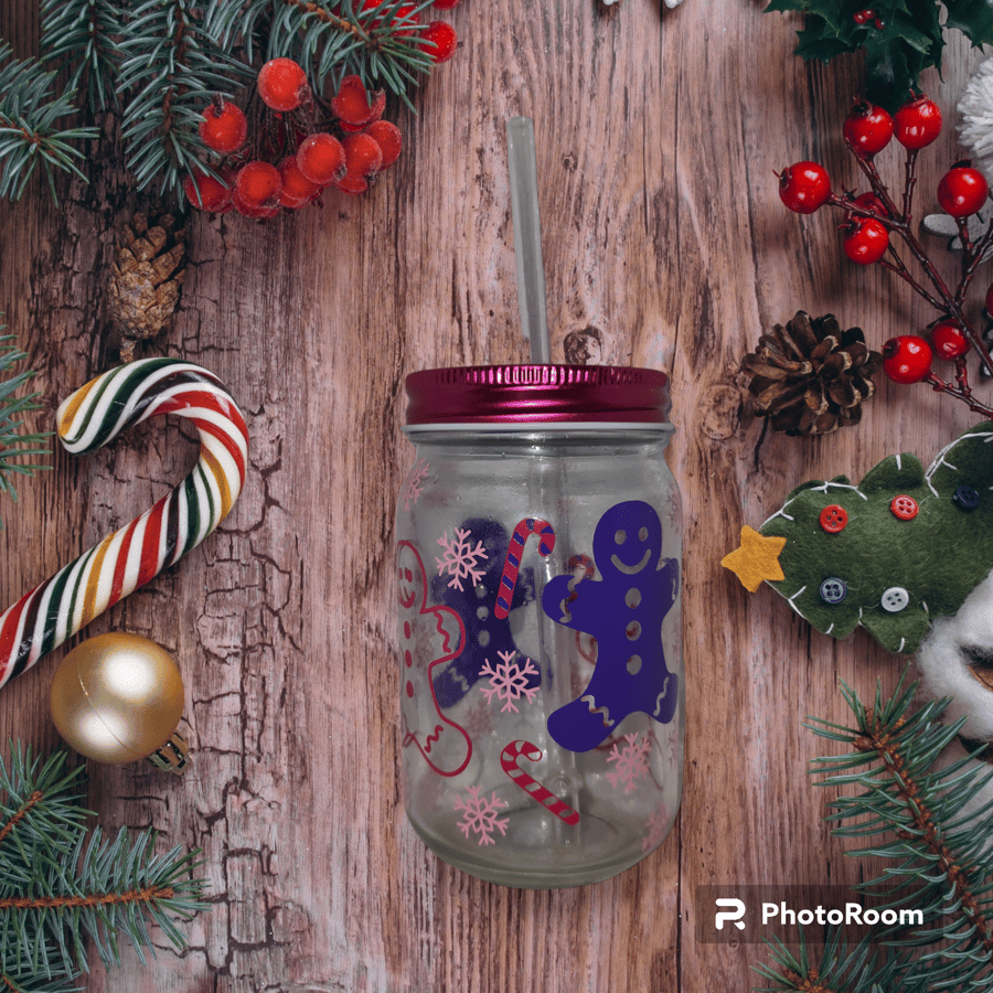 Christmas libby cup glass drinking jar with straw - Folksy