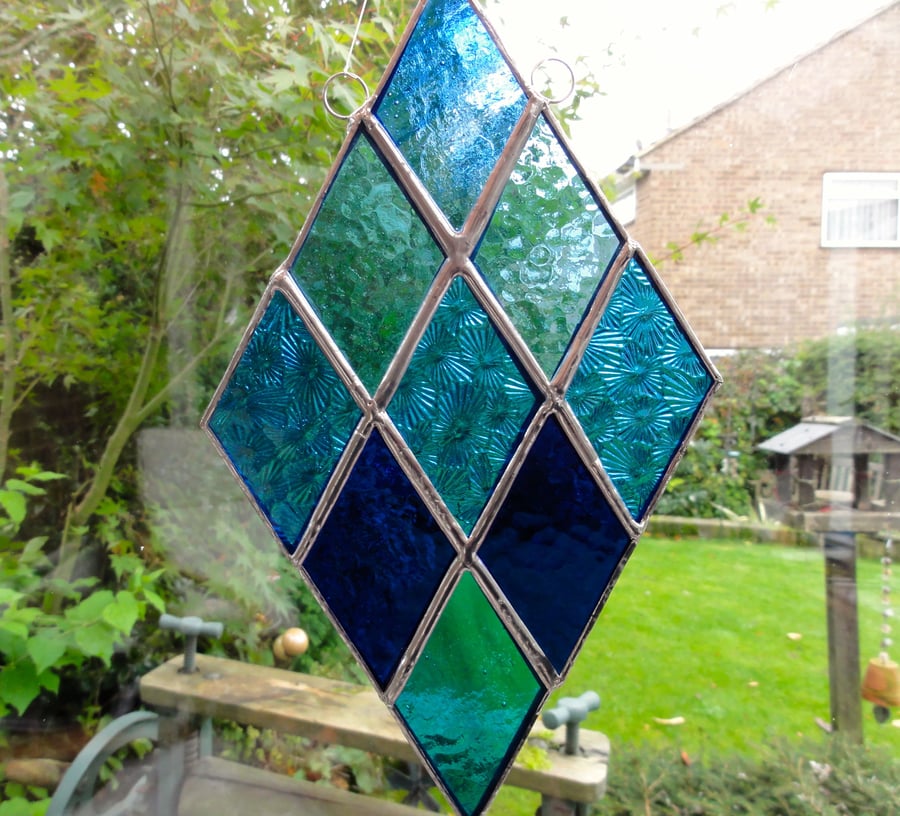 Diamond Stained Glass Suncatcher - Blue - Folksy